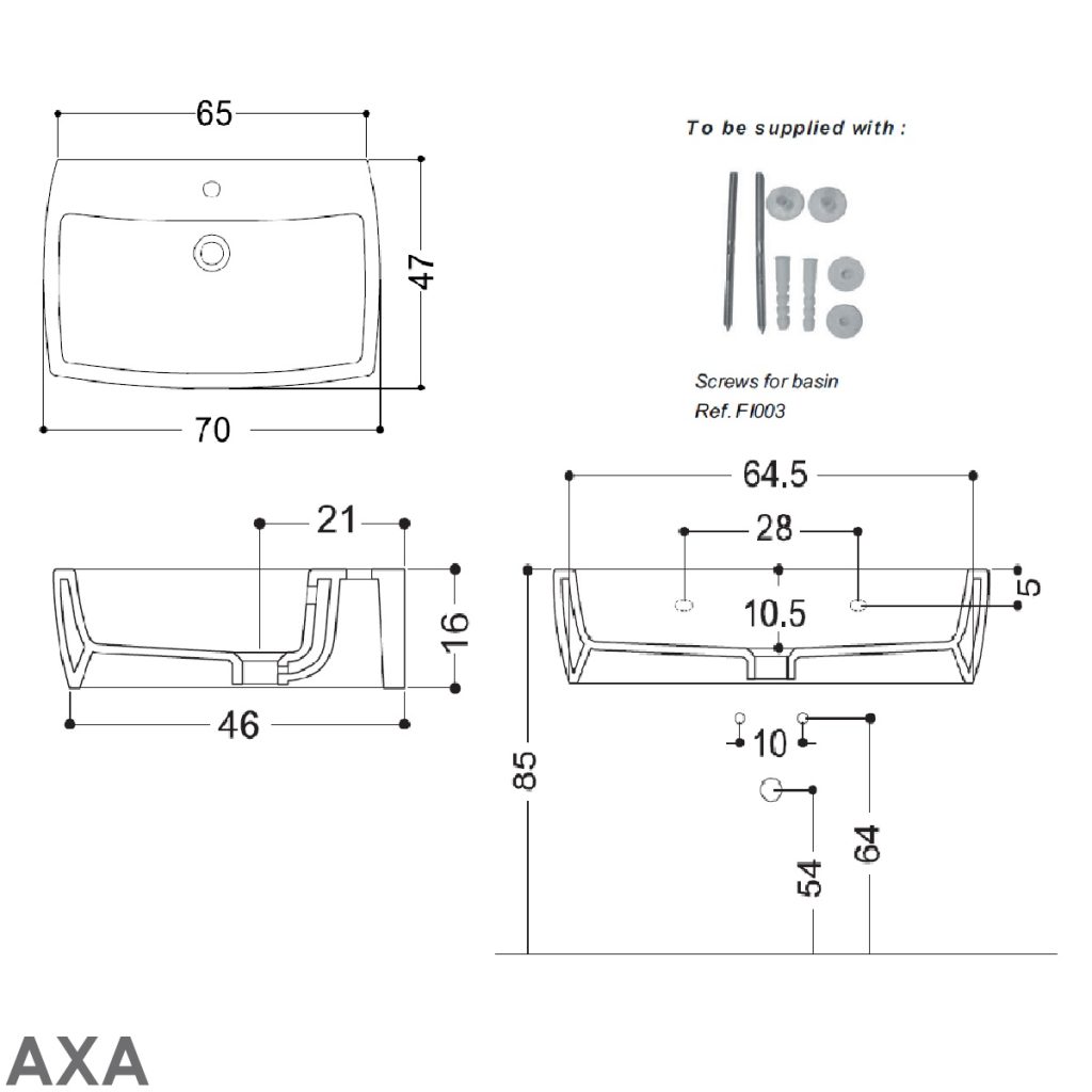 AXA Washbasin with taphole 700 x 470 mm with overflow hole + Screws for ...