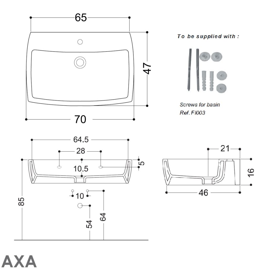 AXA Washbasin with taphole 700 x 470 mm with overflow hole + Screws for ...