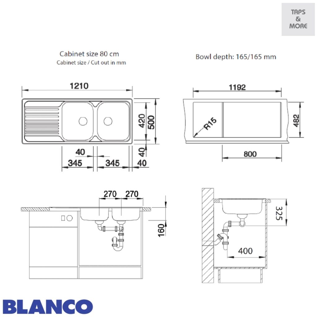 BLANCO Inset - kitchen sink 2 bowl 1 drainer, bowl reversible with two ...