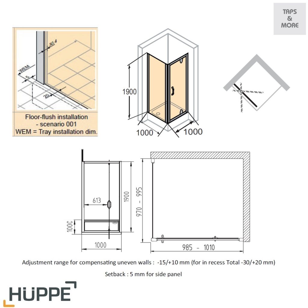 HUPPE Pivot door 6 mm reversible 1000 x 1900 mm + side panel 4 mm ...