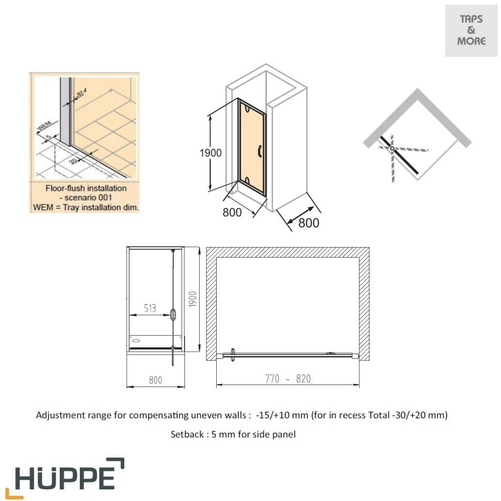 HUPPE Pivot door 6 mm reversible 800 x 1900 mmClear Tempered - X1 ...