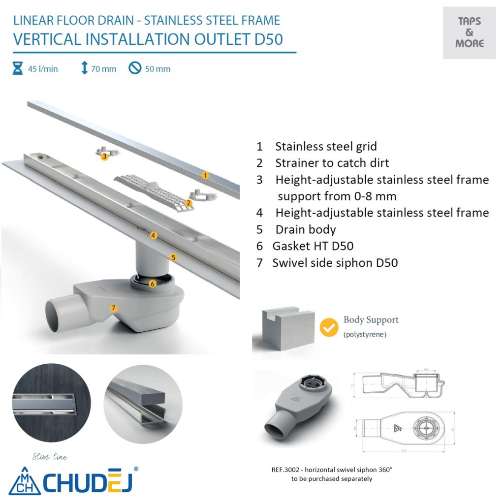 MCH CHUDEJ Linear Floor Drain / Shower Channel - vertical installation ...