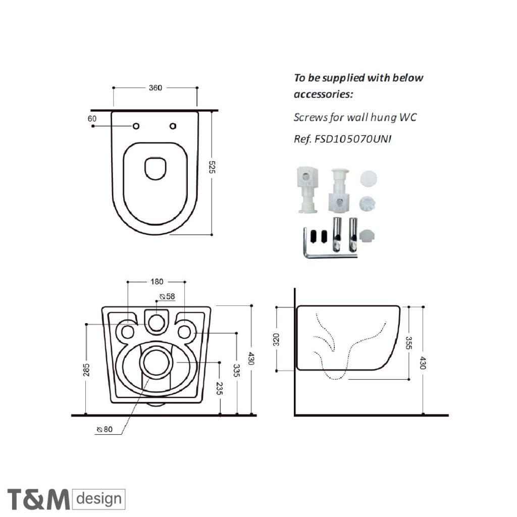 T&M DESIGN Water Closet Washdown WC, wall hung Rimless + Seat and cover ...