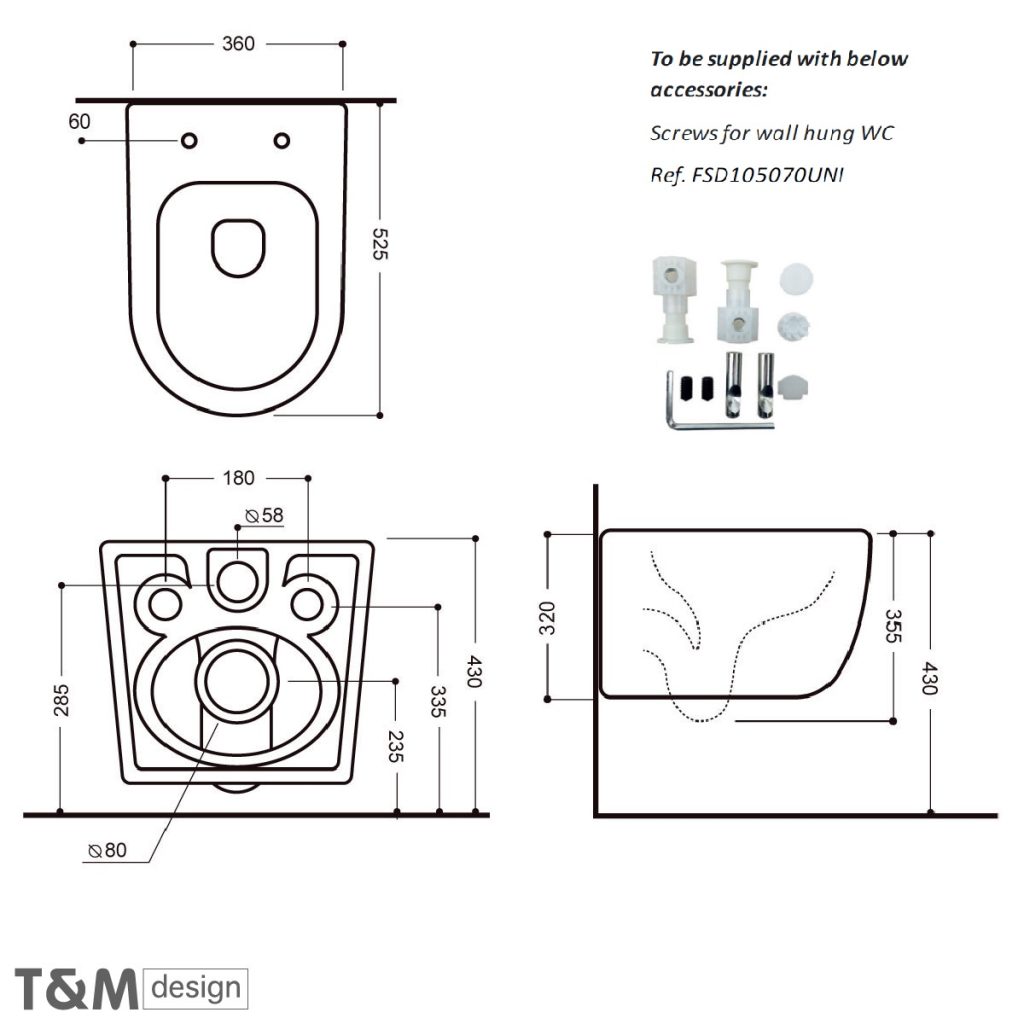 T&M DESIGN Water Closet Washdown WC, wall hung Rimless + Seat and cover ...